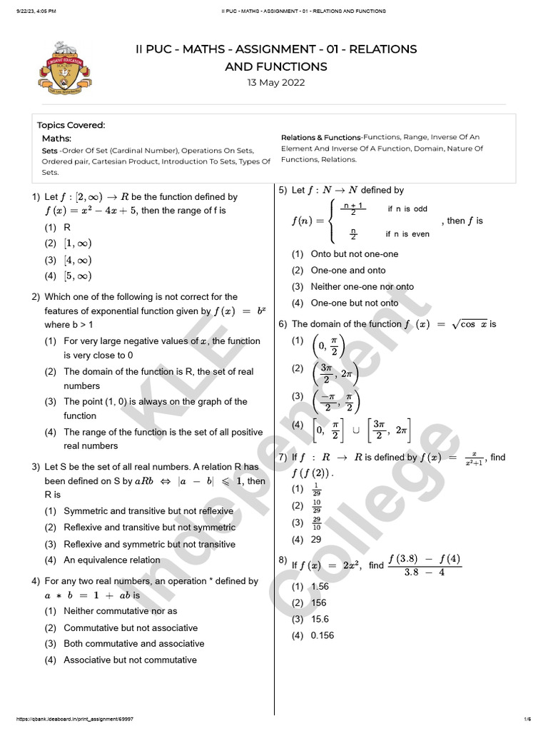 II Puc - Maths - 01 - Relations and Functions | PDF | Function ...