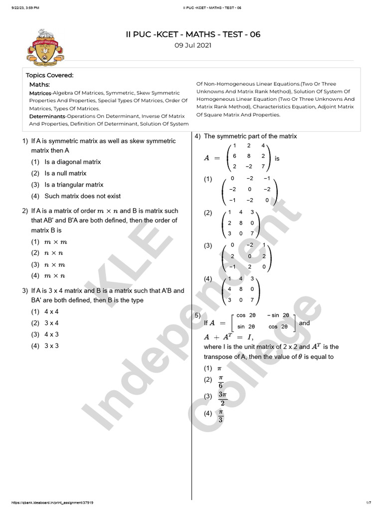 II Puc - Kcet - Maths - Test - 06 | PDF | Matrix (Mathematics ...