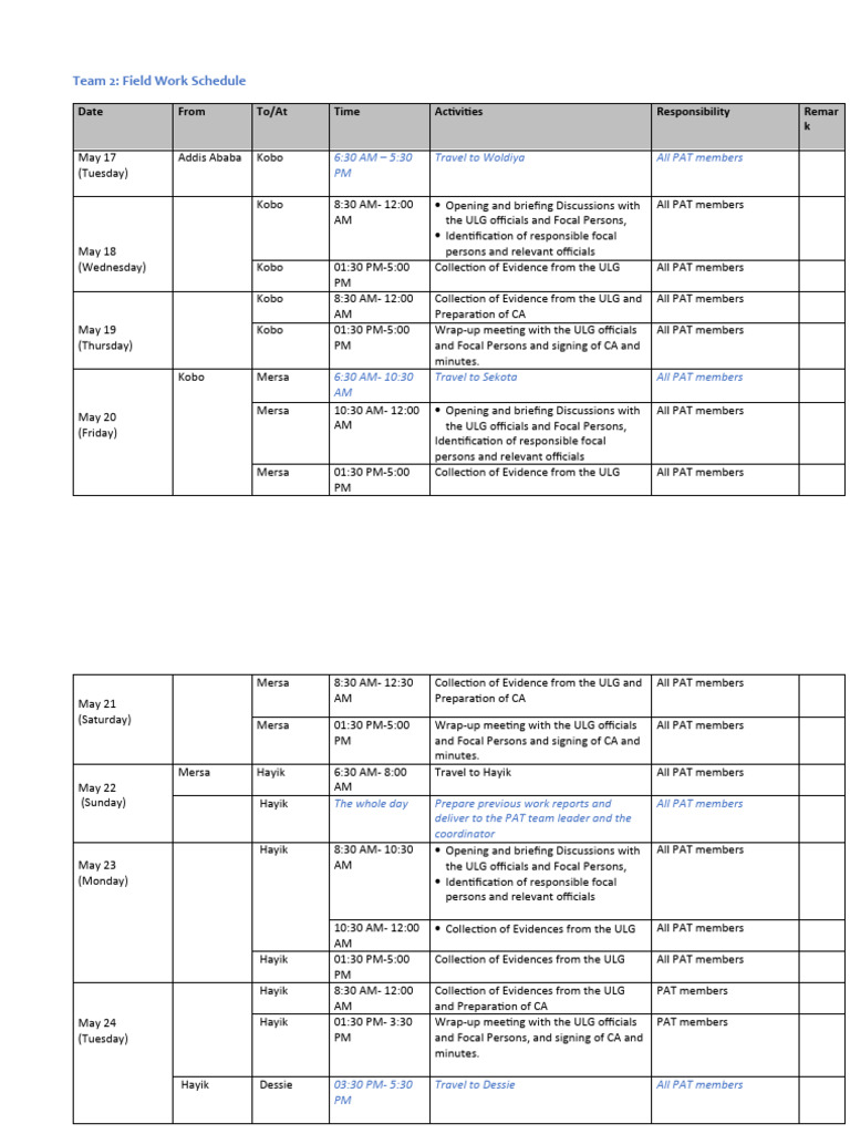 Draft Team Two Field Work Sechedule | PDF