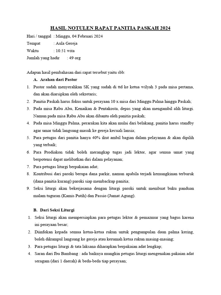 Notulen Rapat Panitia Paskah 2024 | PDF