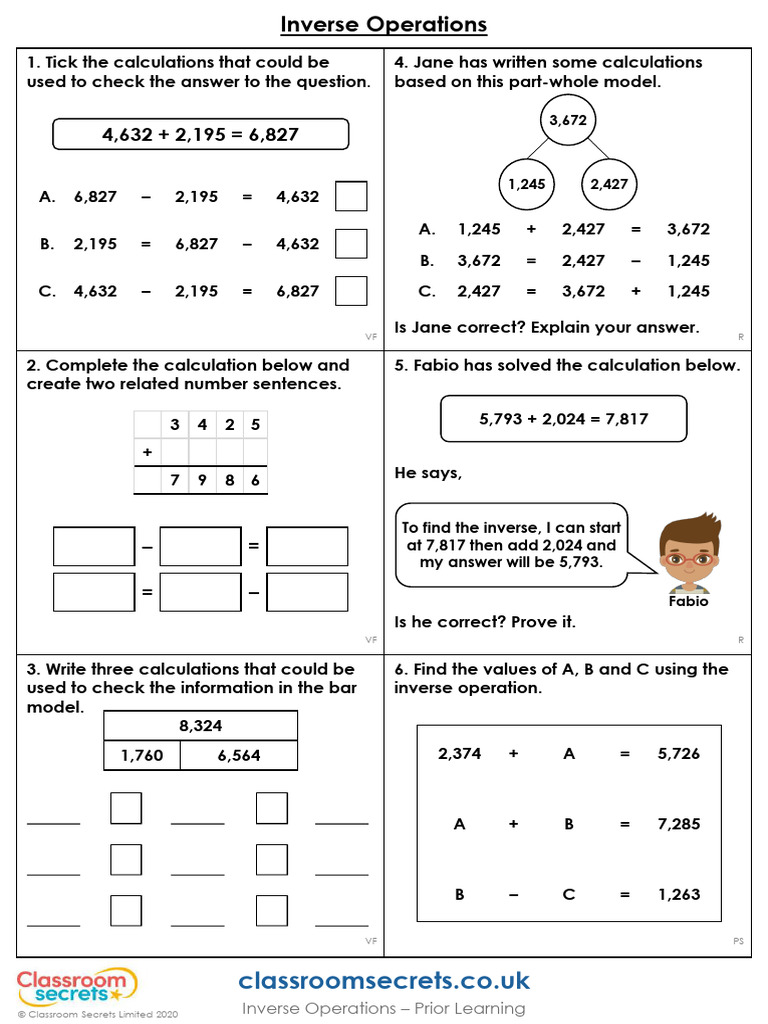 Year 5 Inverse Operations Maths Recovery Prior Learning Worksheet | PDF ...