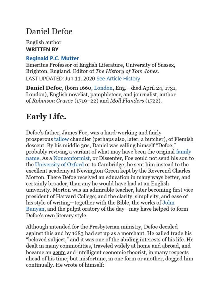 Daniel Defoe Life Works | PDF | Daniel Defoe