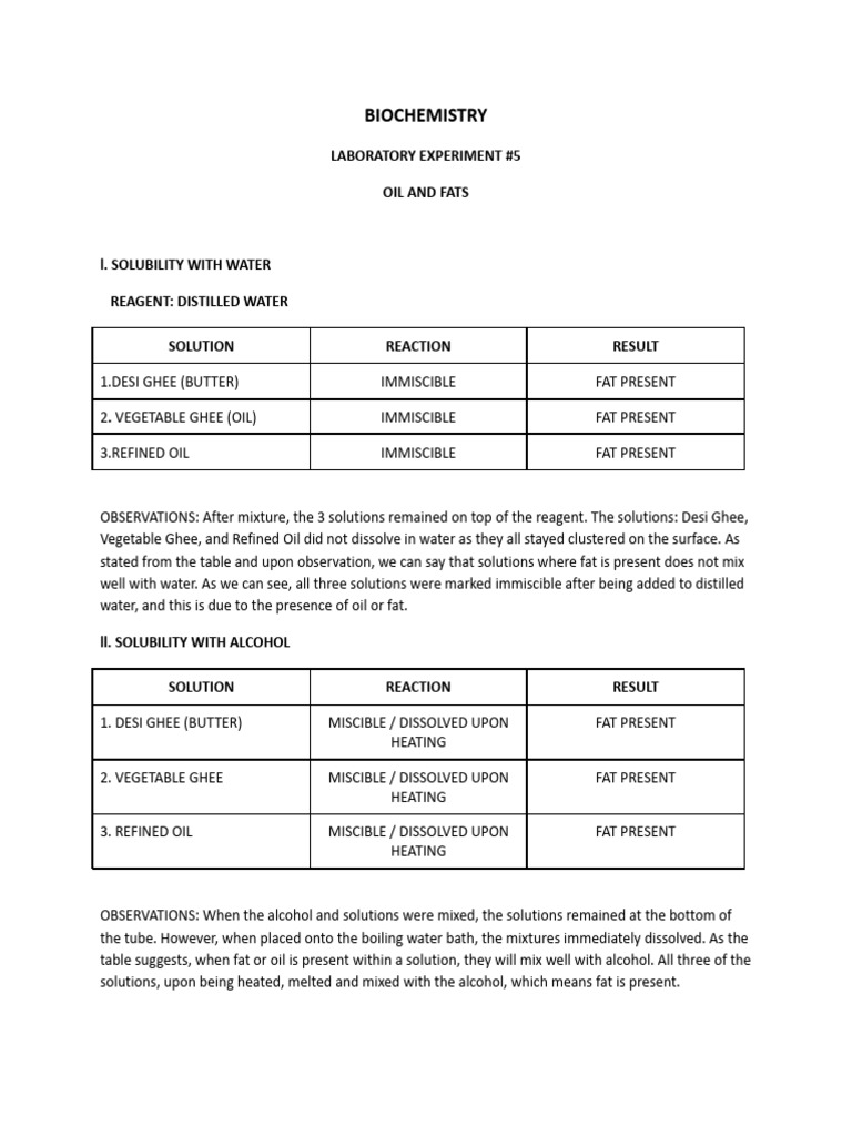 Biochemistry Laboratory Experiment #5 Oil and Fats | PDF | Lipid | Oil