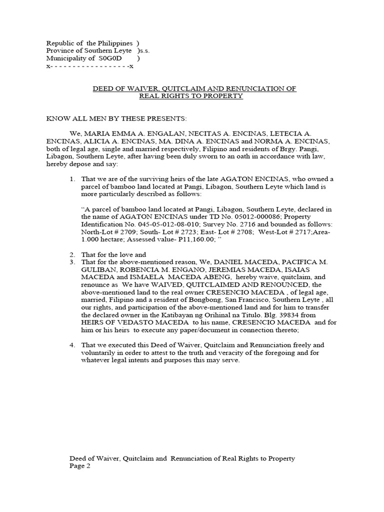 Deed of Waiver, Quitclaim and Renunciation of Real Rights to Property ...