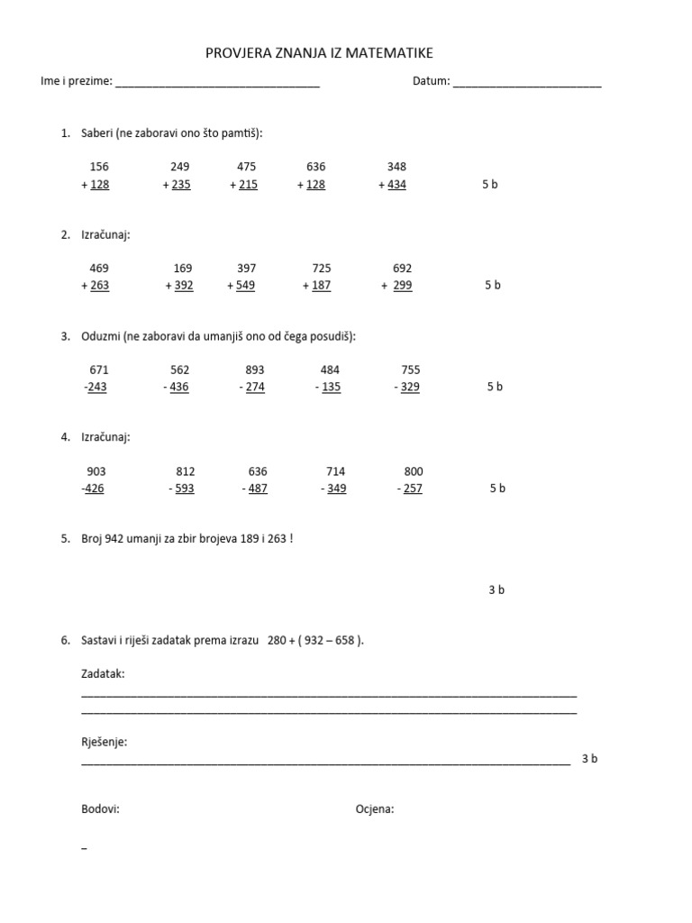 Kontrolni Iz Matematike Sabiranje I Oduzimanje Do 1000 | PDF Kontrolni Iz Matematike Sabiranje I Oduzimanje Do 1000 | PDF