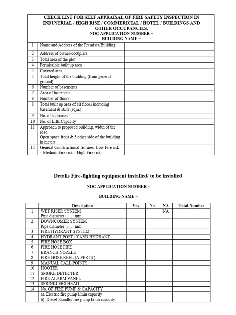 Check List For Self Appraisal of Fire Safety Inspection in | PDF ...