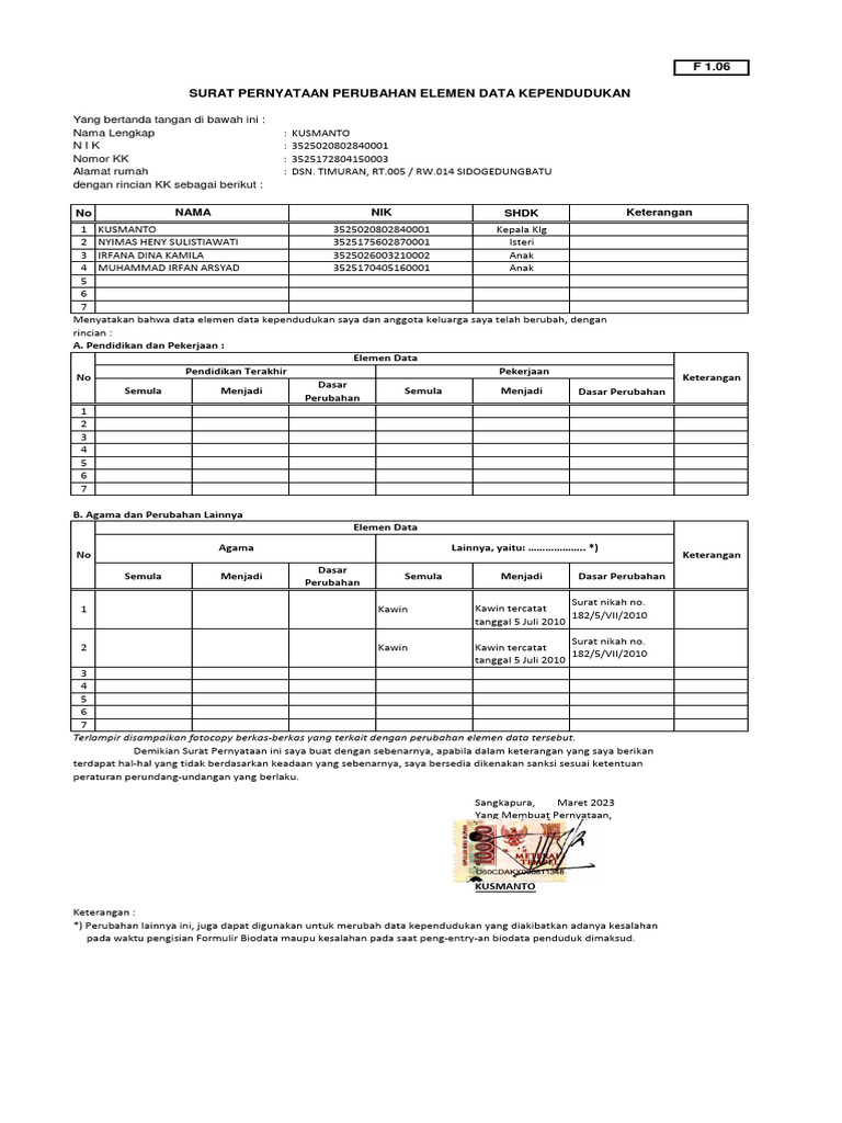 F1.06 Form Pernyataan Perubahan Elemen Data Kependudukan | PDF