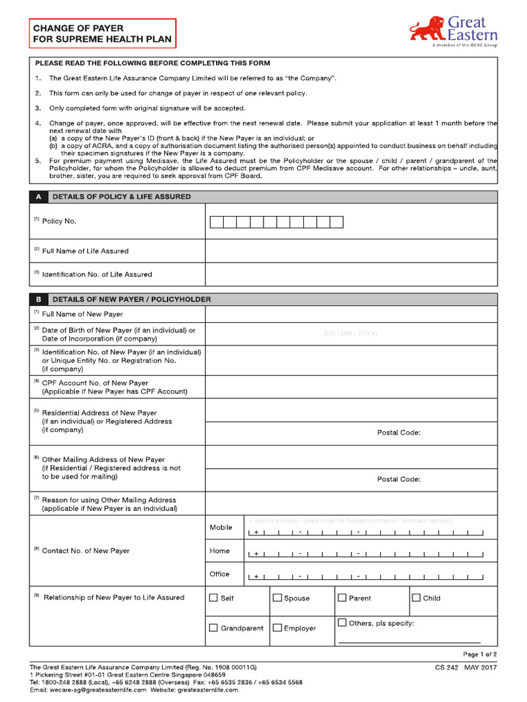 CS242 - Application For Change of Payer For SHP | PDF
