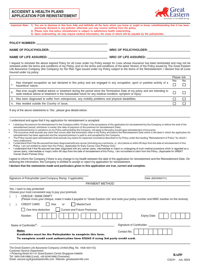 CS231 - A&H Application For Reinstatement | PDF | Insurance | Credit Card