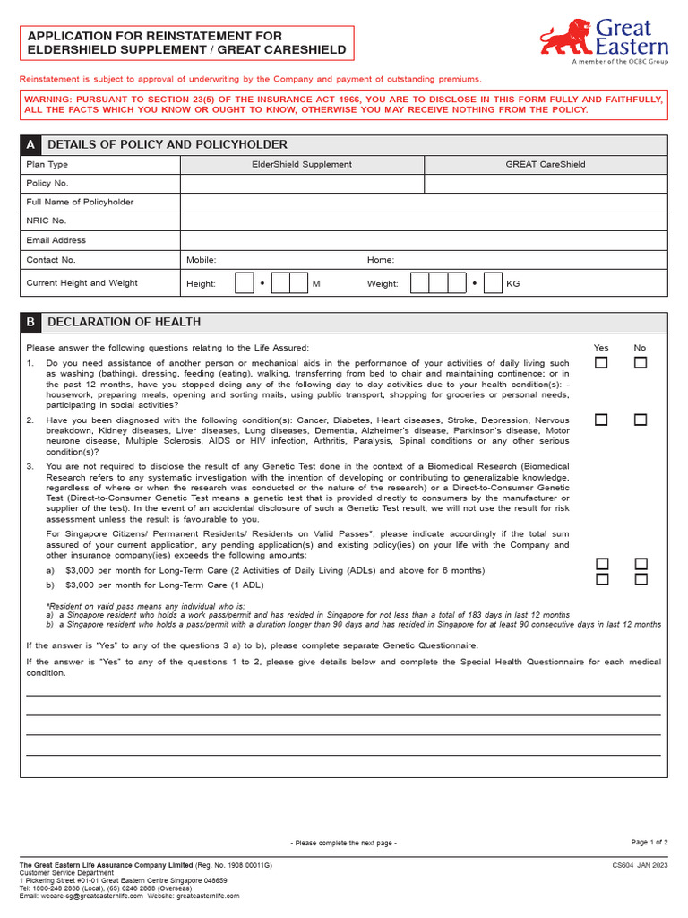 CS604 - Application For Reinstatement For ElderShield & GREAT ...