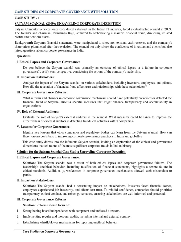 Corporate Governance - Case Studies With Solution | PDF | Corporate ...