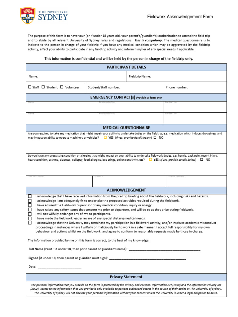 Fieldwork Acknowledgement Form | PDF | Allergy | Privacy