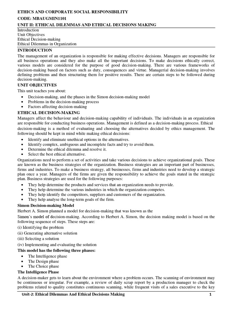 Unit-II-Ethical Dilemmas and Ethical Decision Making | PDF | Decision ...