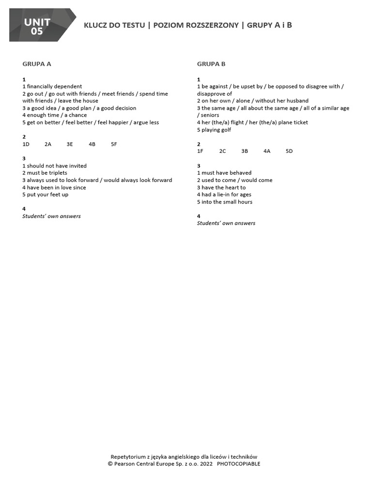 RepetMat U05 Test Answer Key Rozsz A B | PDF