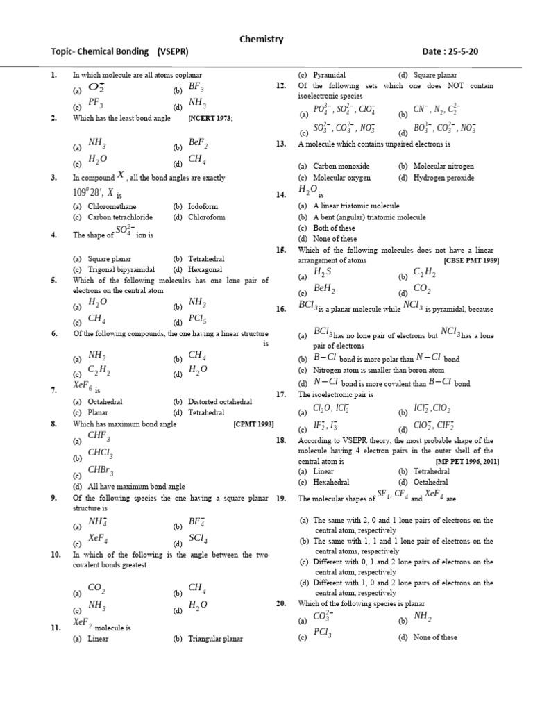 Sheet 2 Vsepr Theory Pdf Chemical Bond Chemical Substances