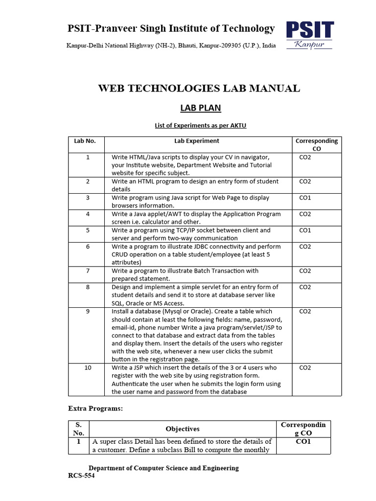 KCS-652-WT LAB Manual-2021-22 | PDF | Websites | World Wide Web
