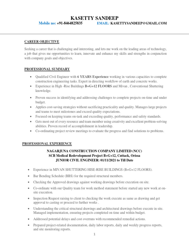 KASETTY SANDEEP CV. | PDF | Engineering