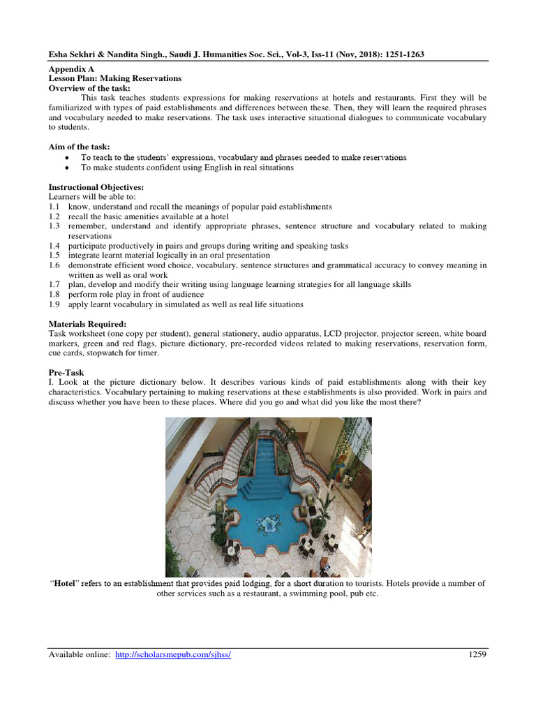 TBA Lesson Plan | PDF | Hotel | Vocabulary