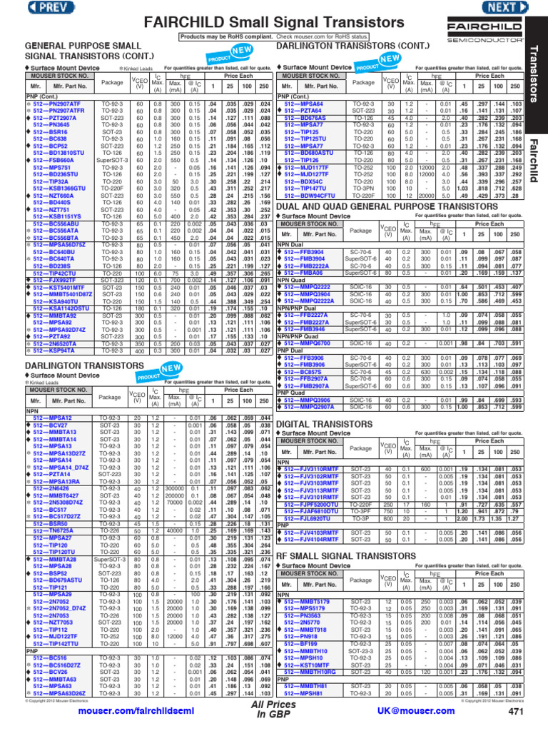 General Purpose Small Signal Transistors (Cont.) Darlington Transistors ...