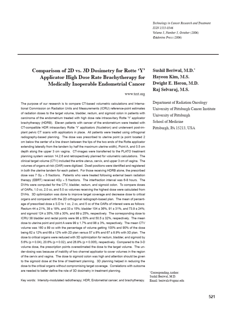 Beriwal Et Al 2006 Comparison of 2d Vs 3d Dosimetry For Rotte y ...