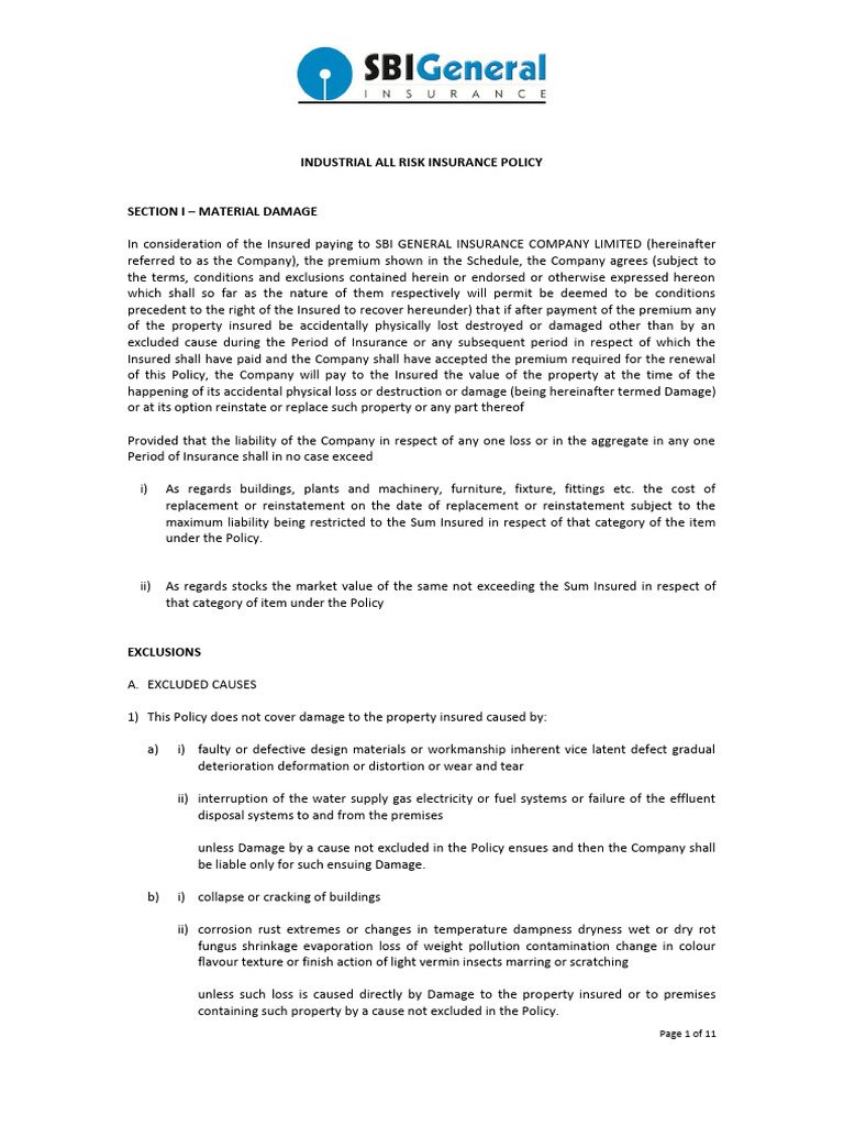 Industrial All Risks Insurance Policy | PDF | Insurance | Expense