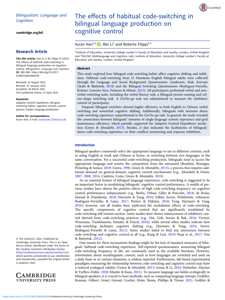 The Effects of Habitual Code Switching in Bilingual Language Production ...