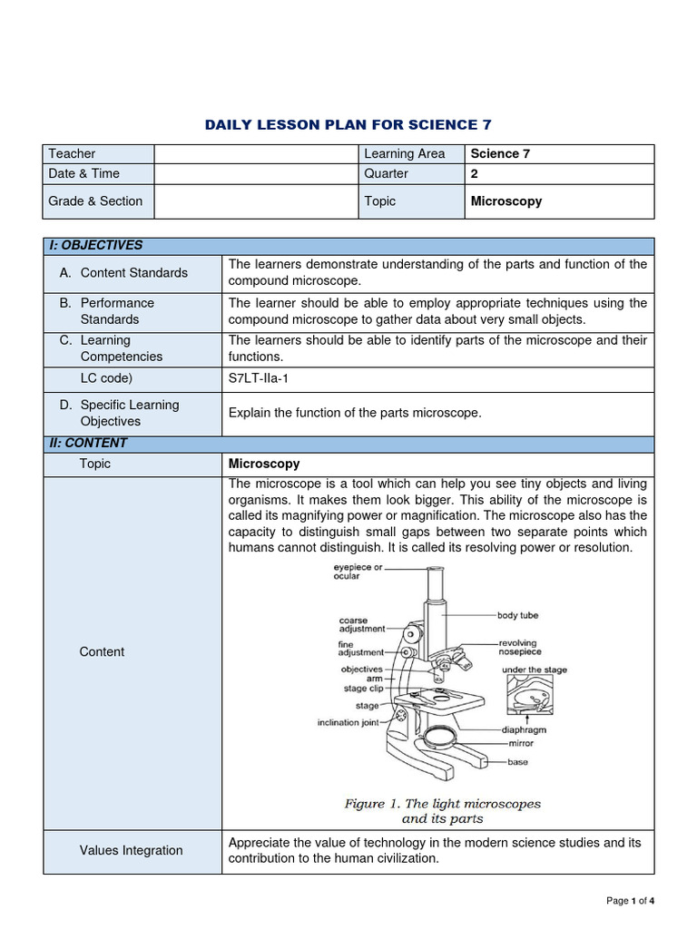 Lesson Plan For Science G7 7 | Download Free PDF | Microscope | Atomic