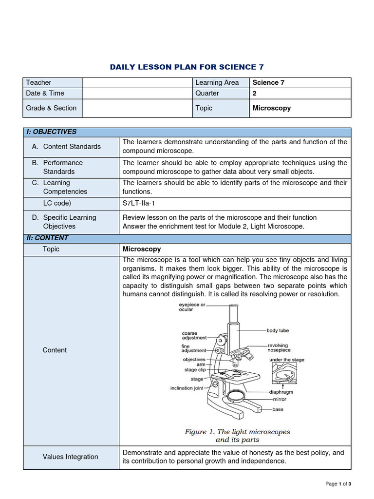 Lesson Plan For Science G7 9 | PDF | Microscope | Learning