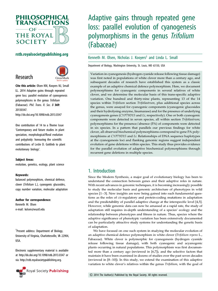 Cyanogenesis Polymorphisms in The Genus Trifolium | PDF | Evolution | Gene