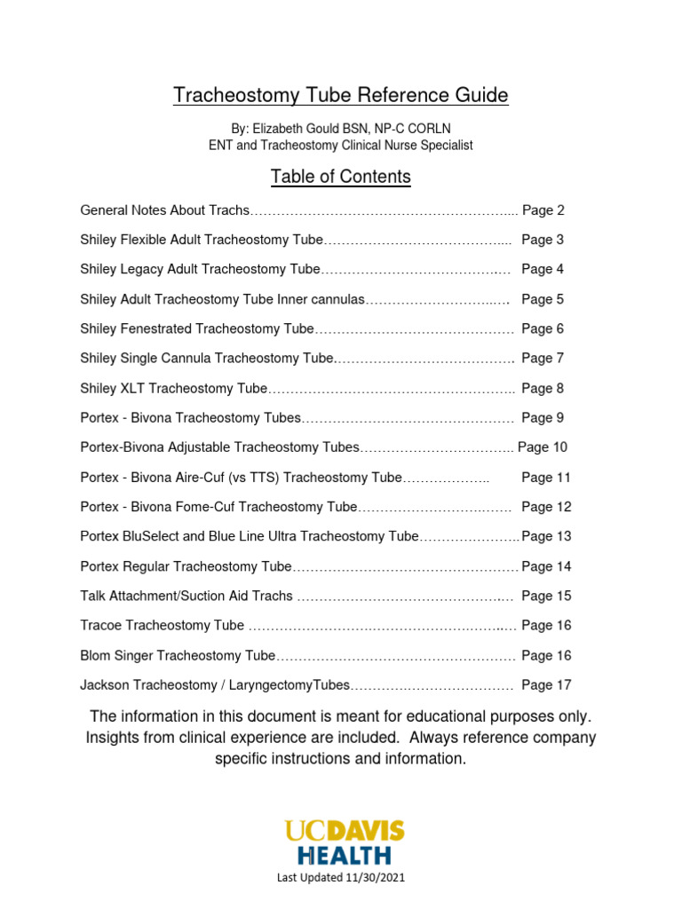 Tracheostomy Tube Reference Guide | PDF | Clinical Medicine | Equipment