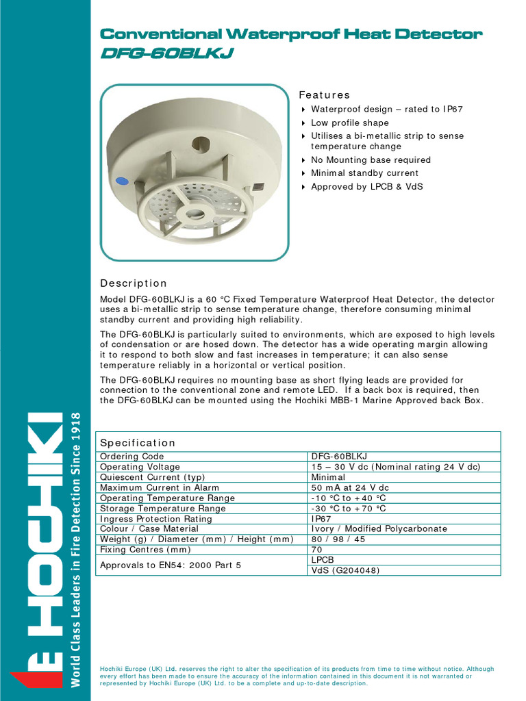 Hochiki DFG-60BLKJ Heat Detector - Specification | Download Free PDF | Physical Quantities ...