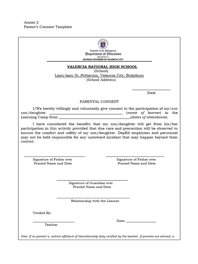 Parent Consent Template for Learning Camp | PDF