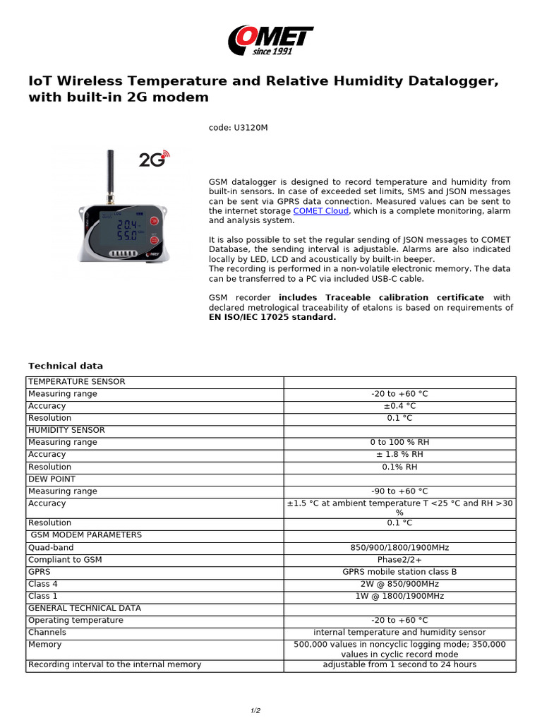 Comet Datasheet U3120M | Download Free PDF | General Packet Radio Service | Humidity