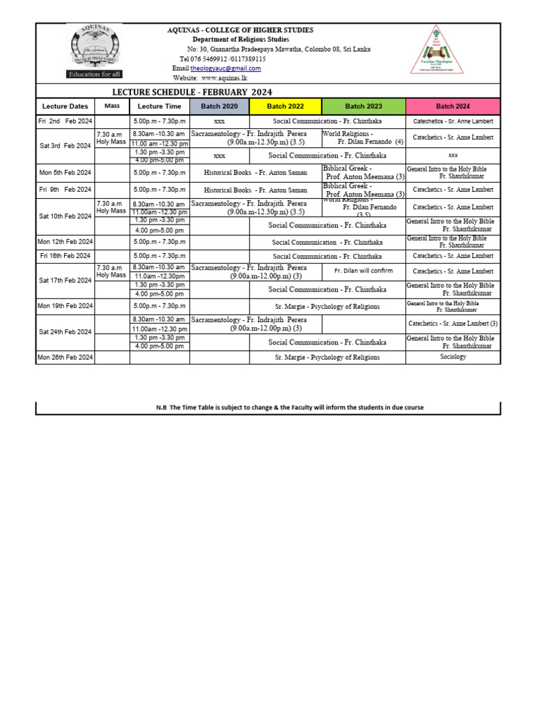 February - Time Table 2024 | PDF