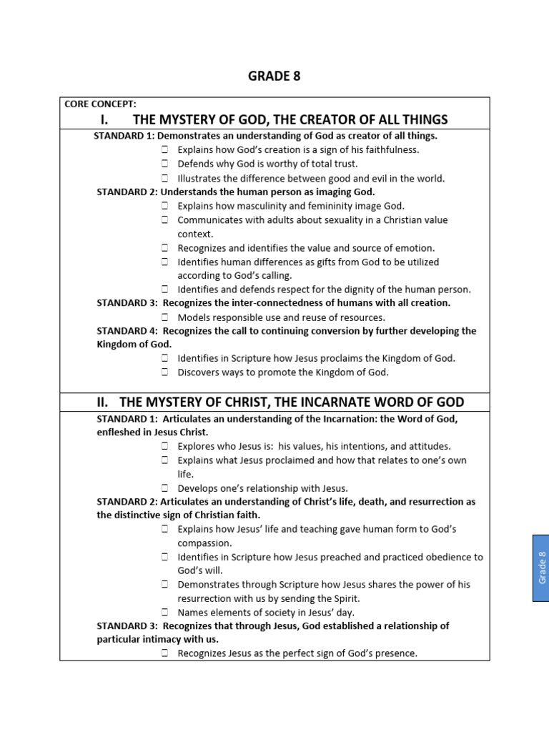 Grade 8 Curriculum | PDF | Catholic Church | Jesus
