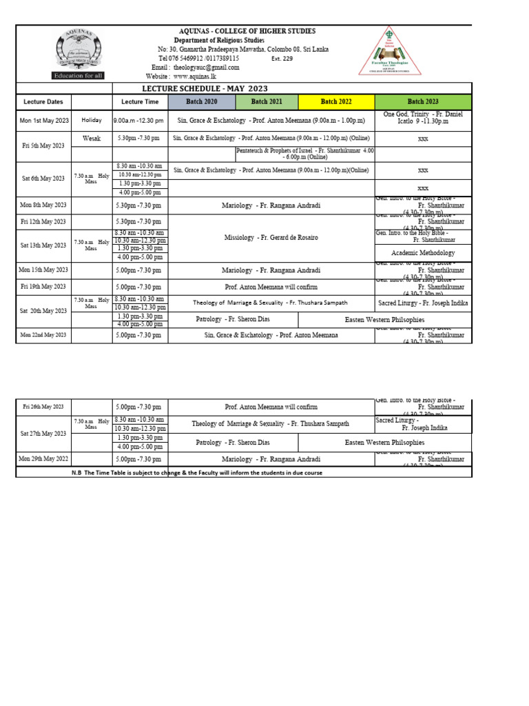 May Time Table | PDF | Religious Belief And Doctrine | Theology