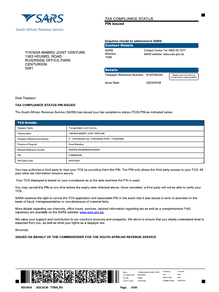 8.2.thenga Mabro JV SARS Tax Pin | PDF
