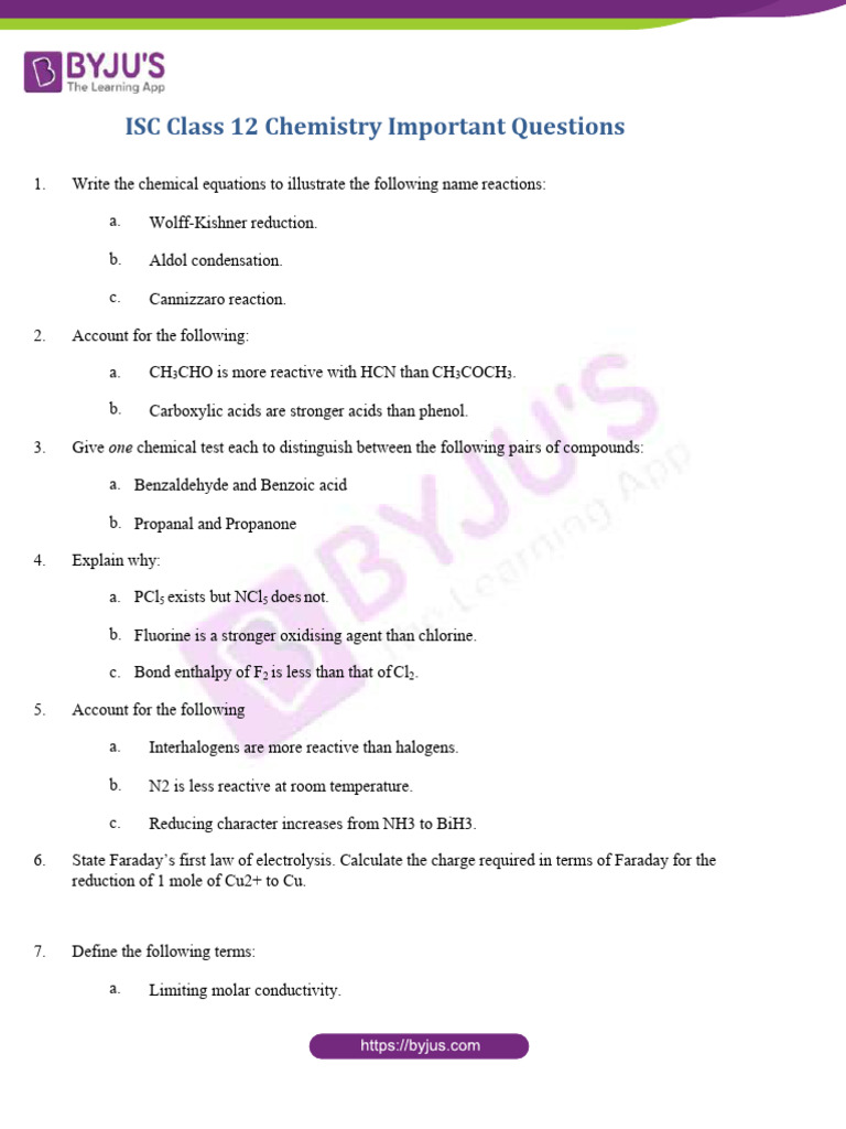 ISC Class 12 Chemistry Key Questions | PDF | Chemical Reactions | Chlorine
