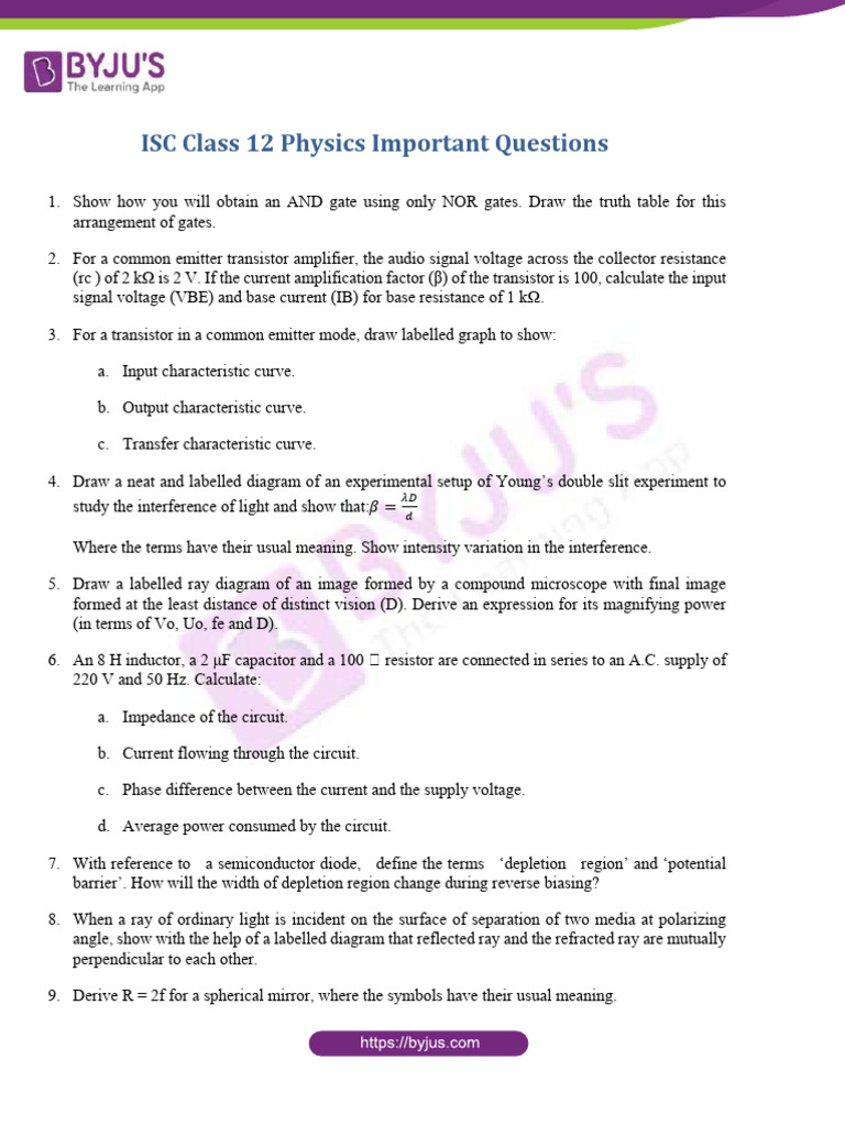 ISC Class 12 Physics Important Questions | PDF | Amplifier | Capacitor
