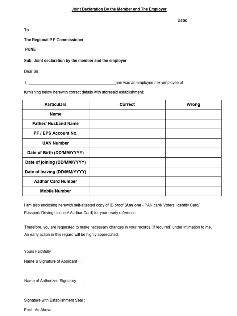 P.F. Joint Declaration Form | PDF | Finance & Money Management | Law