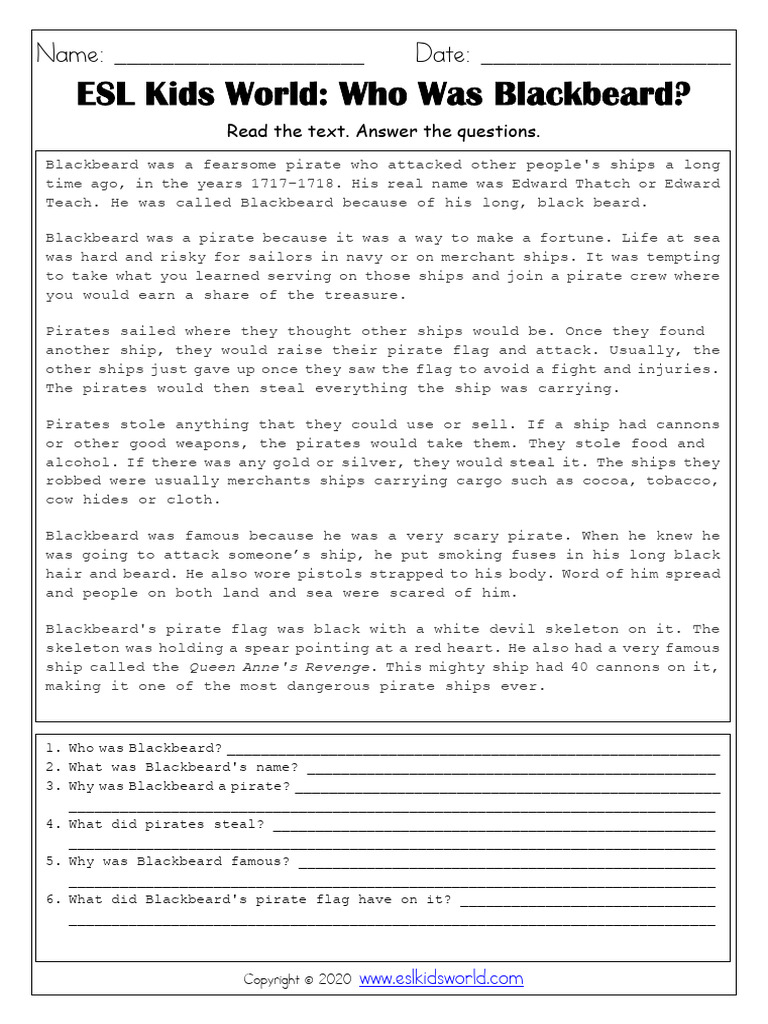 Blackbeard Reading Comprehension Worksheet | PDF | Blackbeard | Piracy