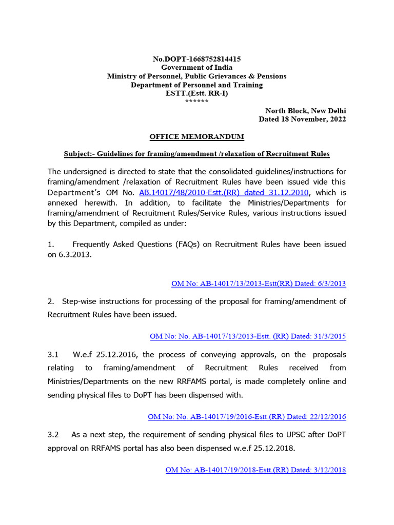 DoPT O.M. Dated 18.11.2022 - Guidelines For Framingamendmentrelaxation ...