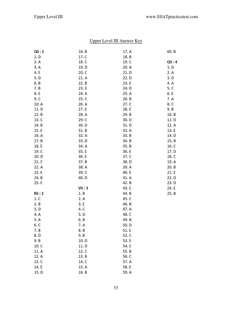 SSAT Upper Level III Answers | PDF