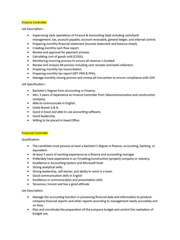 Finance Controller Job Description & Requirements | PDF | Accounting ...
