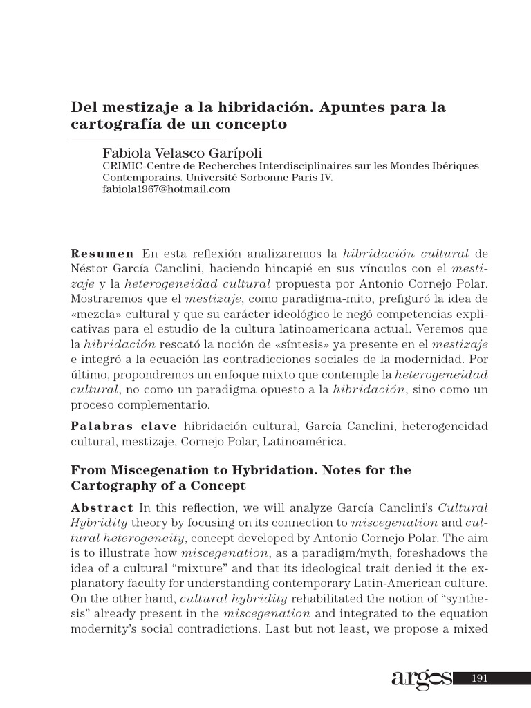 Fabiola Velasco Garípoli (2016) Del Mestizaje A La Hibridación. Apuntes ...