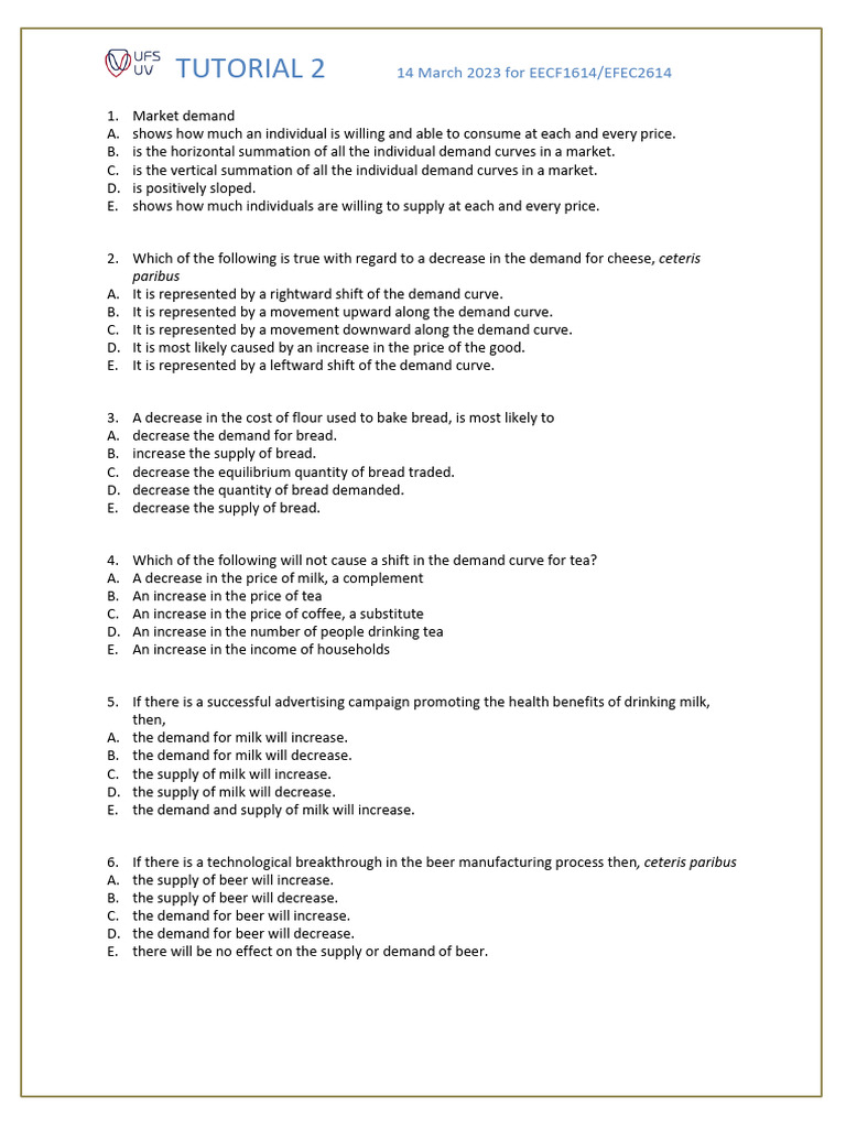 Tutorial 2 of 14 Mrt.-2 2 | PDF | Economic Equilibrium | Demand