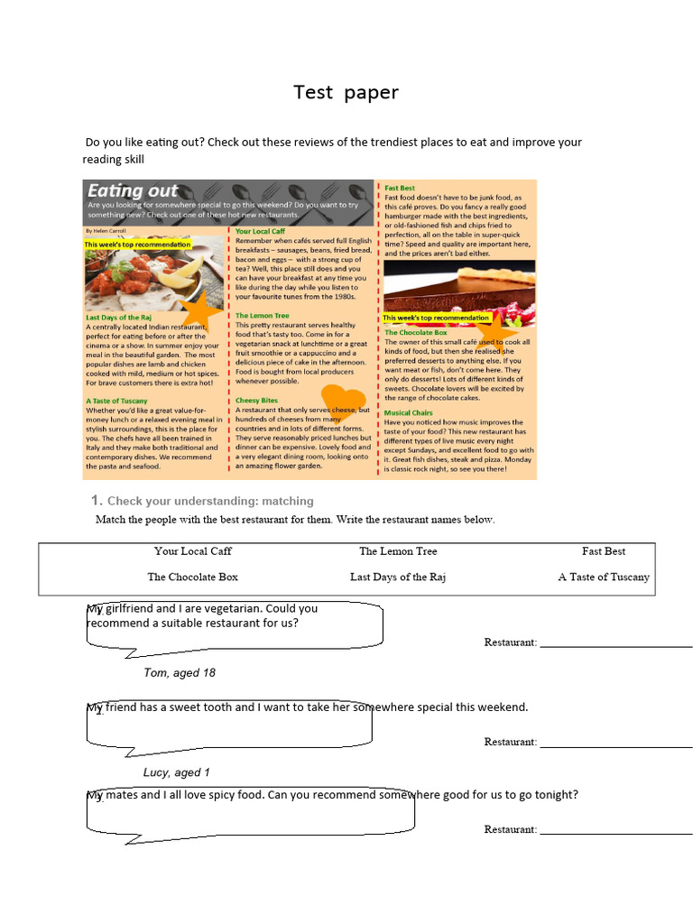 Test Paper | PDF | Restaurants | Meal