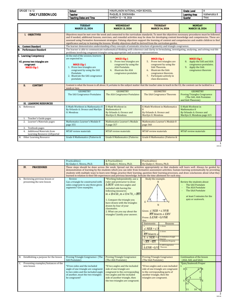 Daily Lesson Log | PDF | Triangle | Elementary Mathematics