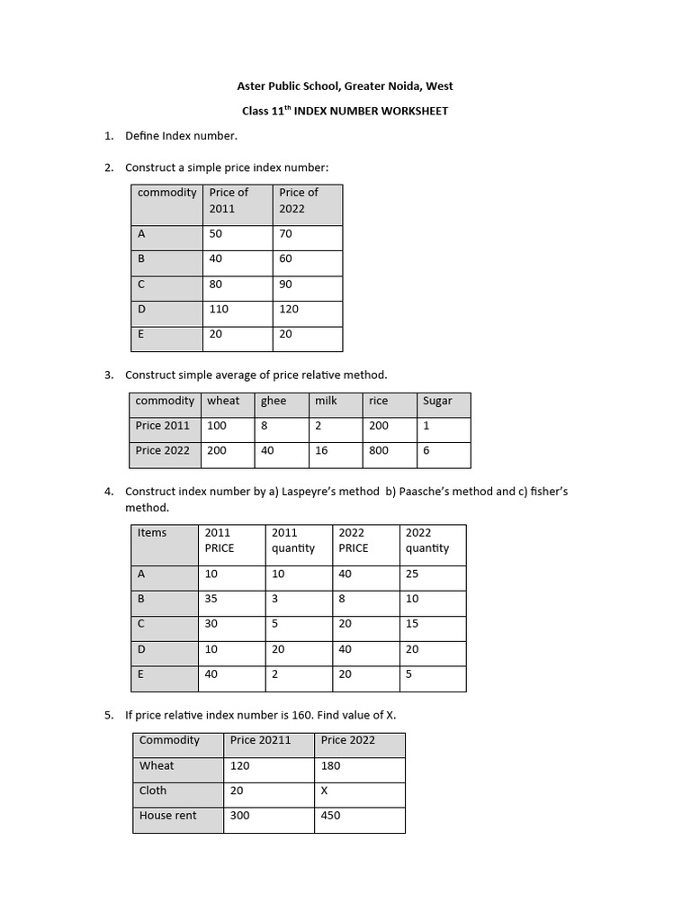 Class 11th Index No Worksheet Pdf Commodity Economies 3036