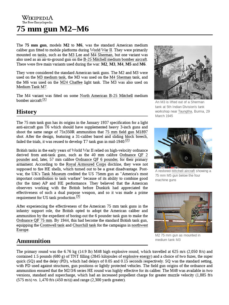 75mm Gun M2-M6 Wiki | PDF | Military Technology | Combat Vehicles